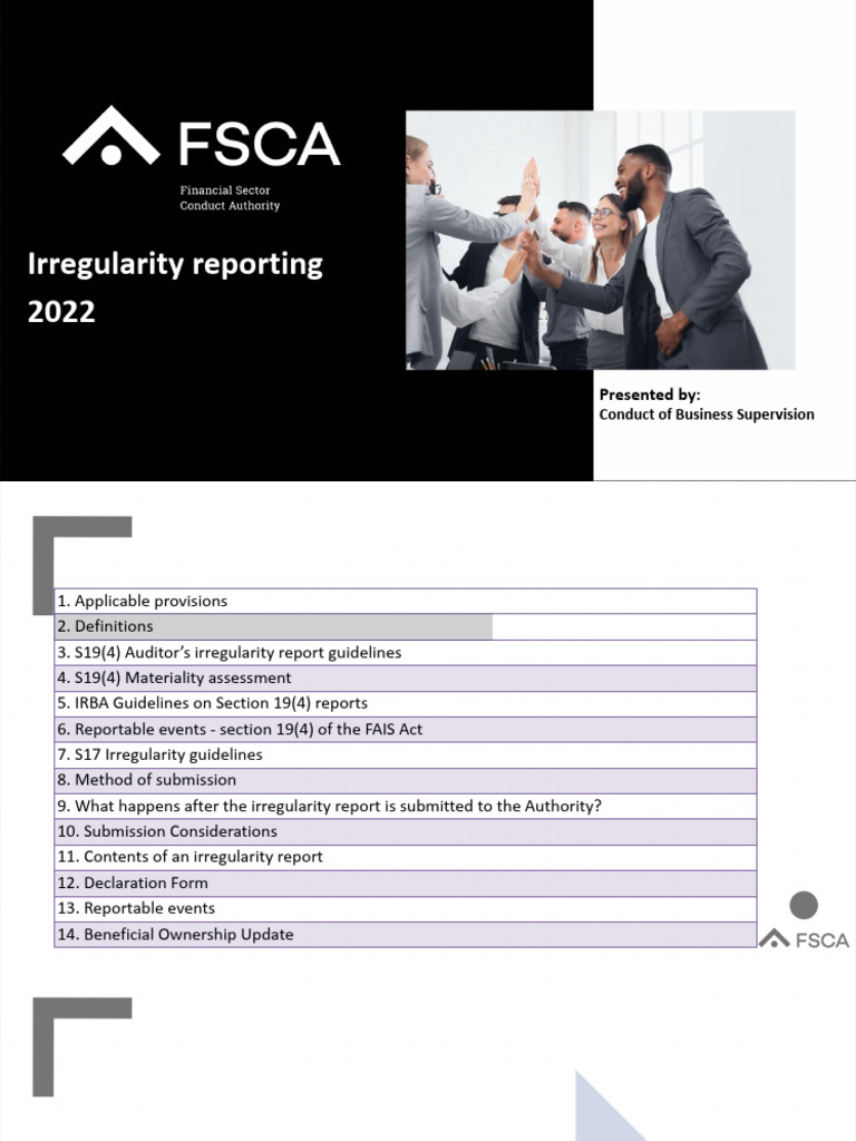 FSCA Irregularity Reporting 2022 | PDF | Regulatory Compliance | Insolvency