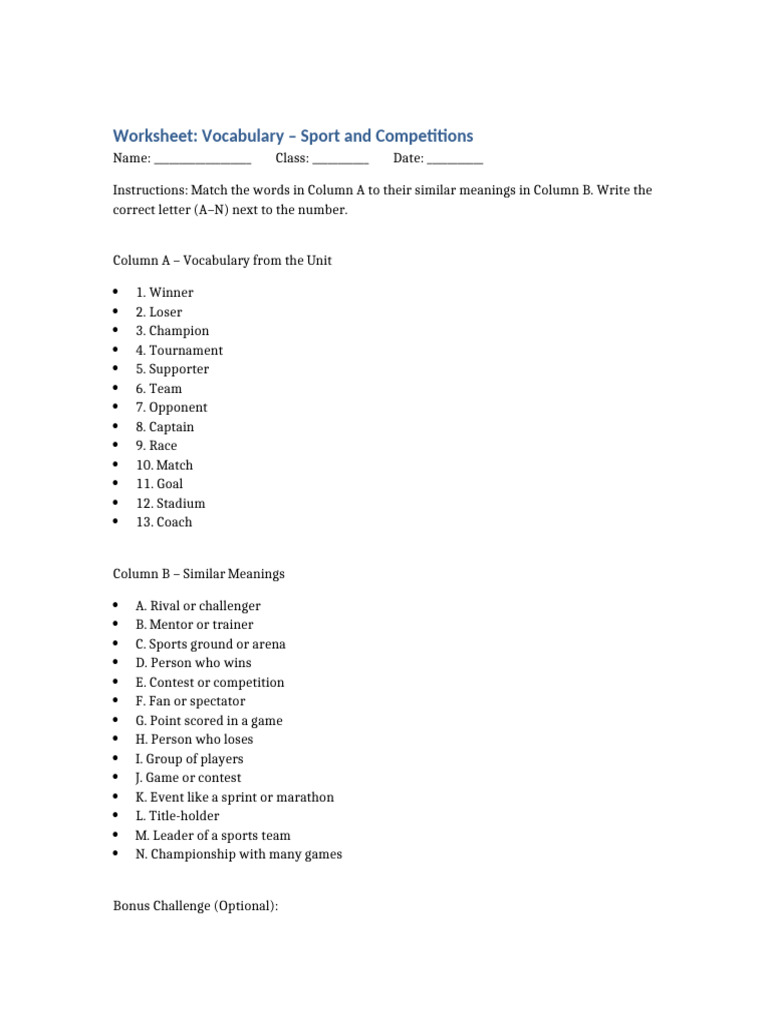 Sport Vocabulary Matching Worksheet | PDF