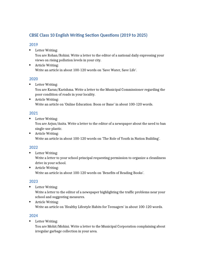 CBSE Class 10 English Writing Questions 2019 To 2025 | PDF