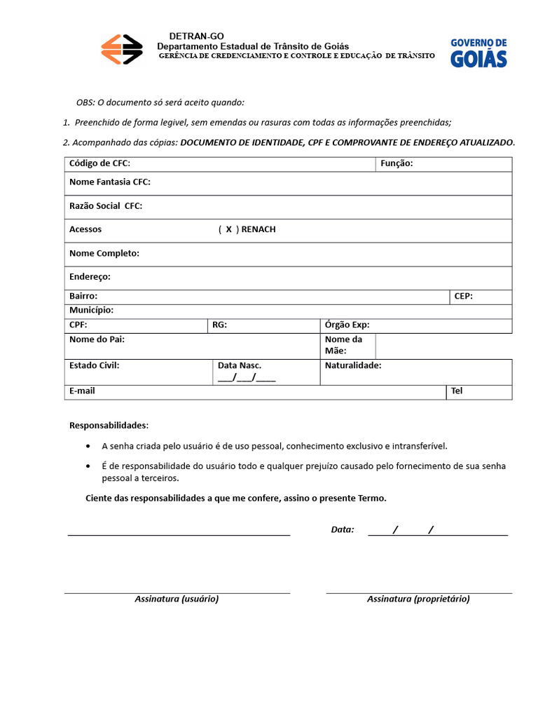 Requerimento Usar Sistema Detran CFC | PDF