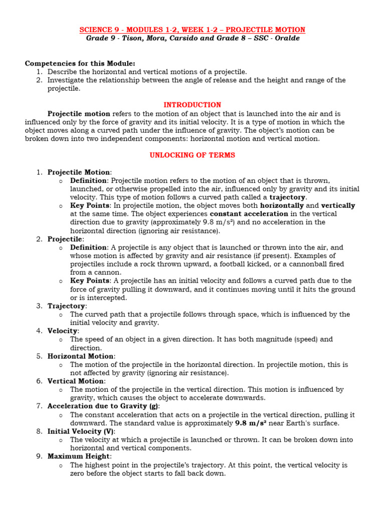Grade 9 Activity Sheet Module 1 2 Weeks 1 2 | PDF | Projectiles | Physics