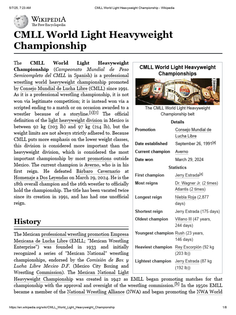 CMLL World Light Heavyweight Championship | PDF | Professional ...