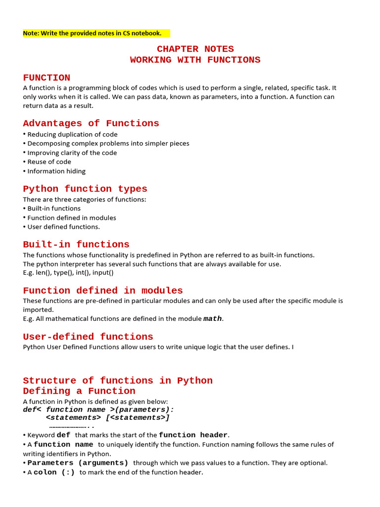Xii Cbse Working With Functions Notes Pdf Parameter Computer Programming Scope