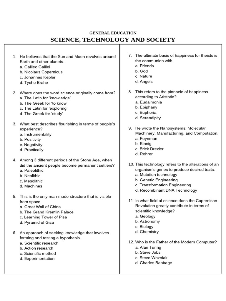 Science and Society Quiz Questions | PDF | Science | Philippines