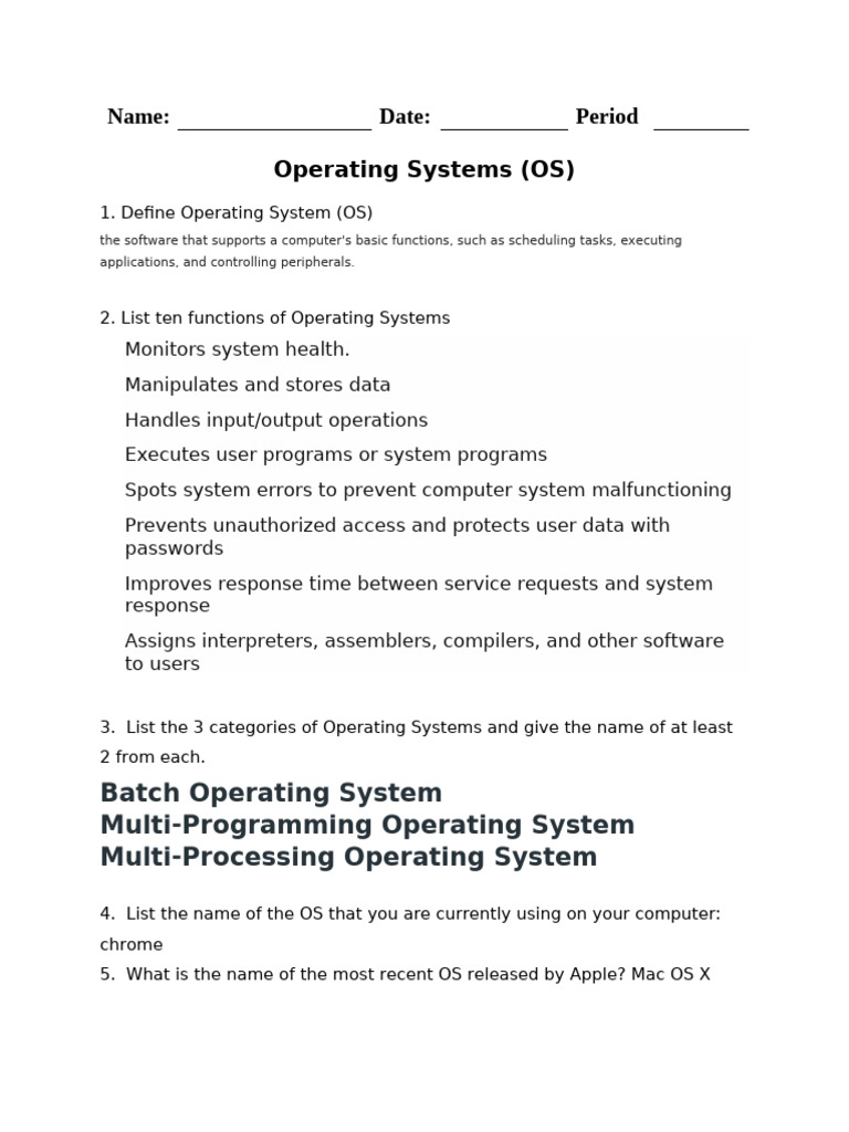 [Operating System Worksheet] Operating System Worksheet | PDF ...