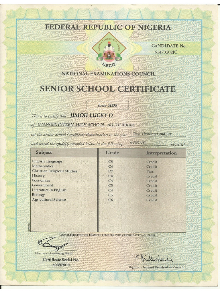 NECO Result Certificate | PDF