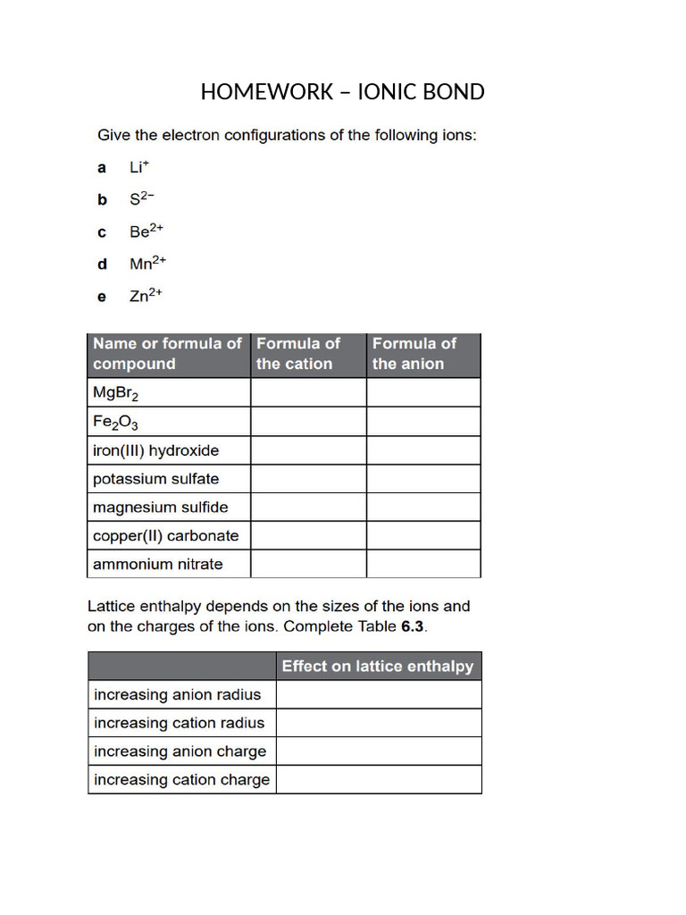 HOMEWORK IONIC BOND | PDF