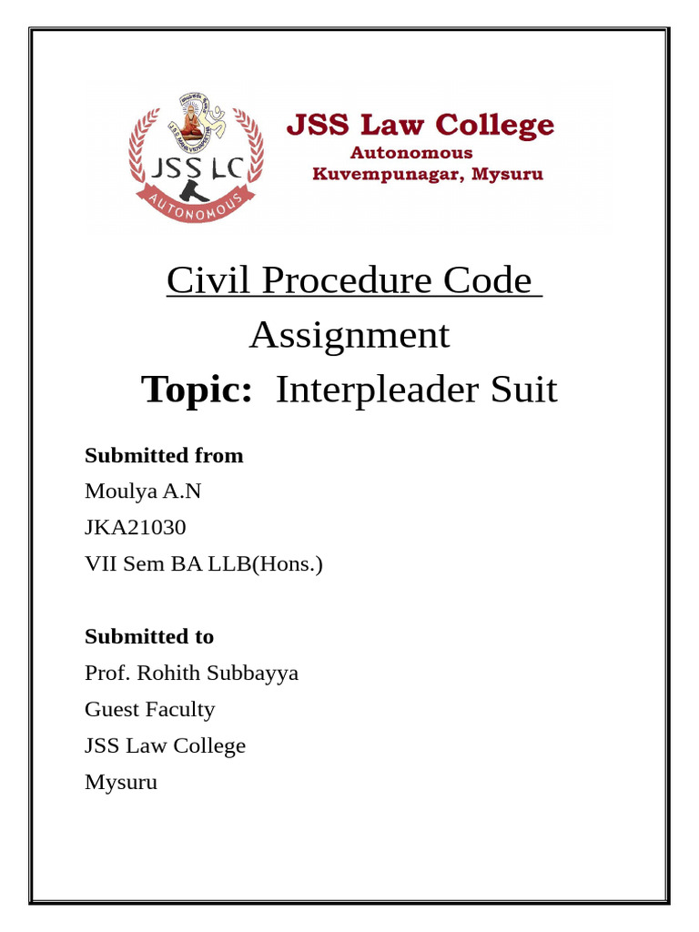 Civil Procedure Code Assignment Interpleader Suit: Topic | PDF