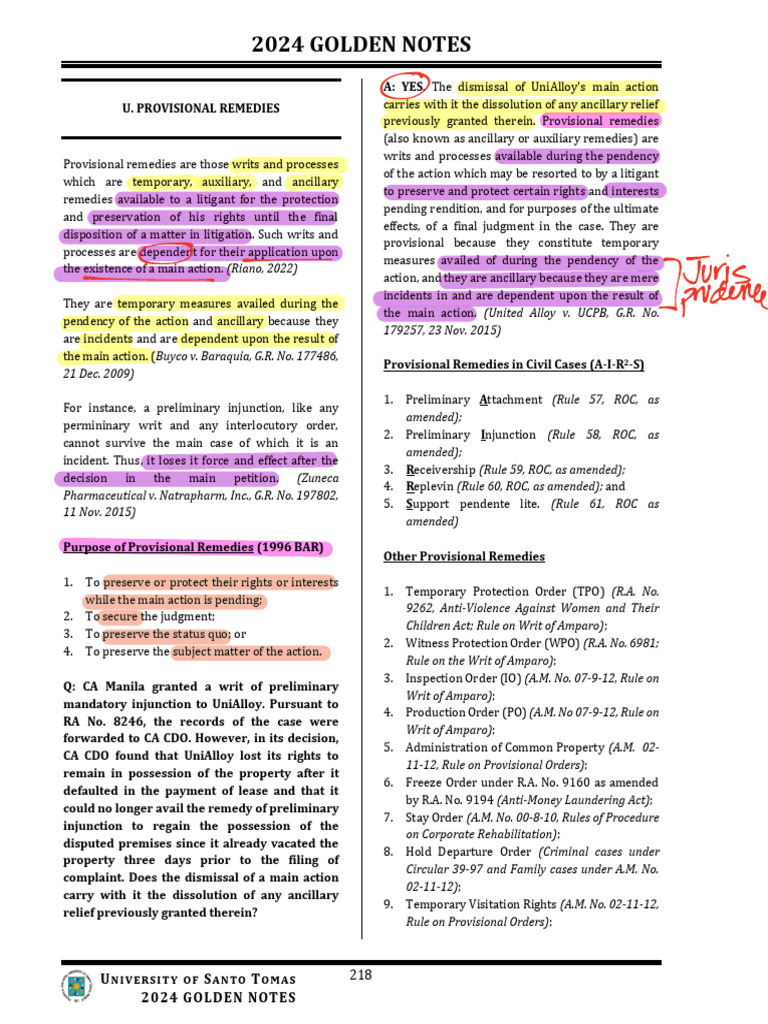 Provisional Remedies in Civil Law 2024 | PDF | Injunction | Lawsuit