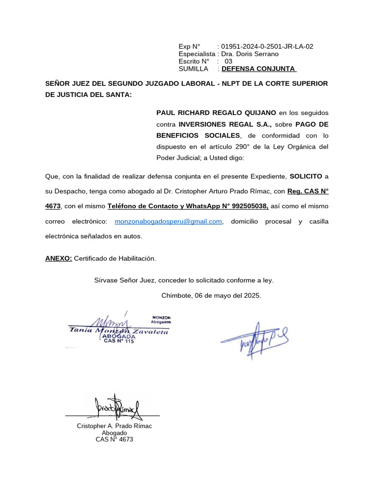 Defensa Conjunta - Regalo Quijano Paul Exp. 1951-2024 | PDF