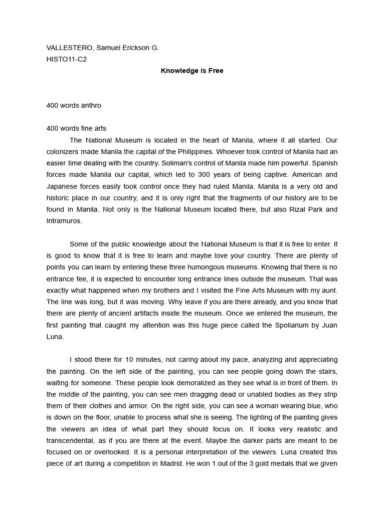 HISTO 11 - Optional Museum Visit Paper by Vallestero | PDF