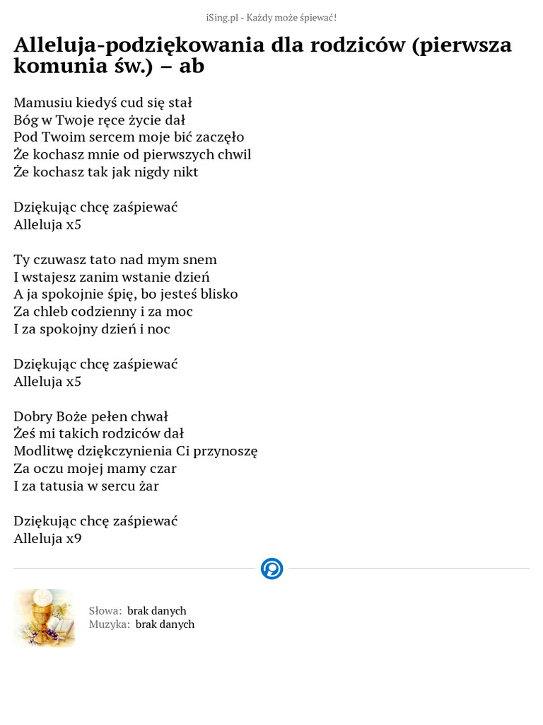 Tekst Ab Alleluja Podziekowania Dla Rodzicow Pierwsza Komunia SW 2550eg | PDF