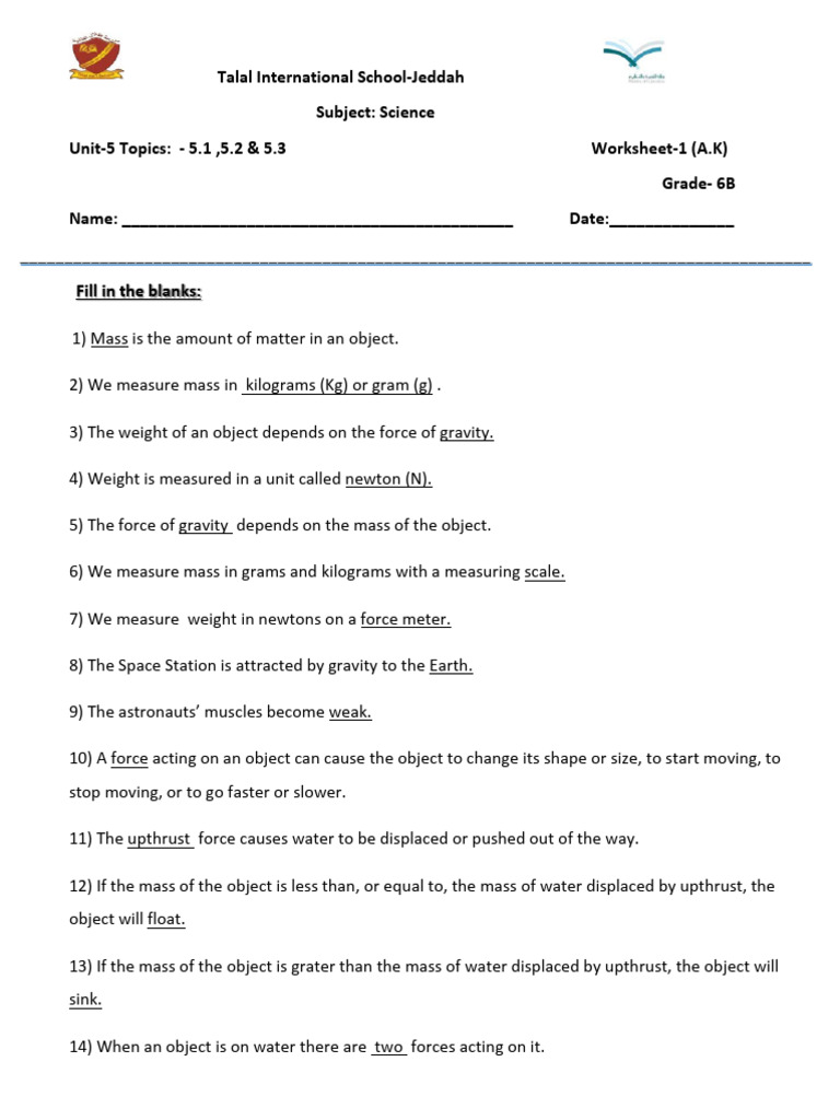 Grade-6B Science Unit-5 Topics-5.1 -5.2-5.3 Forces and electricity-W.S-1 A.K | PDF | Buoyancy ...
