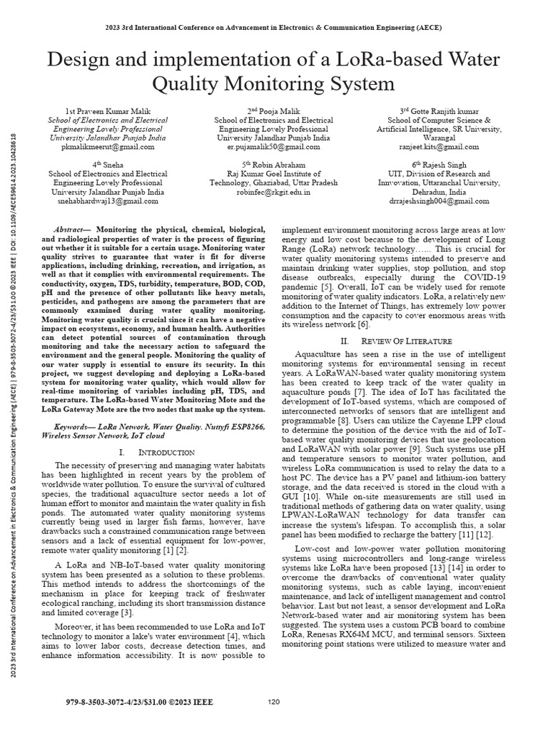 Design and Implementation of a LoRa-Based Water Quality Monitoring System | PDF | Internet Of ...