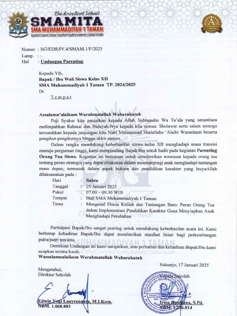 Undangan Parenting Kelas Xii | PDF