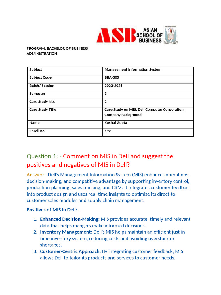 MIS Case Study 2 by Kushal Gupta | PDF | Dell | Inventory