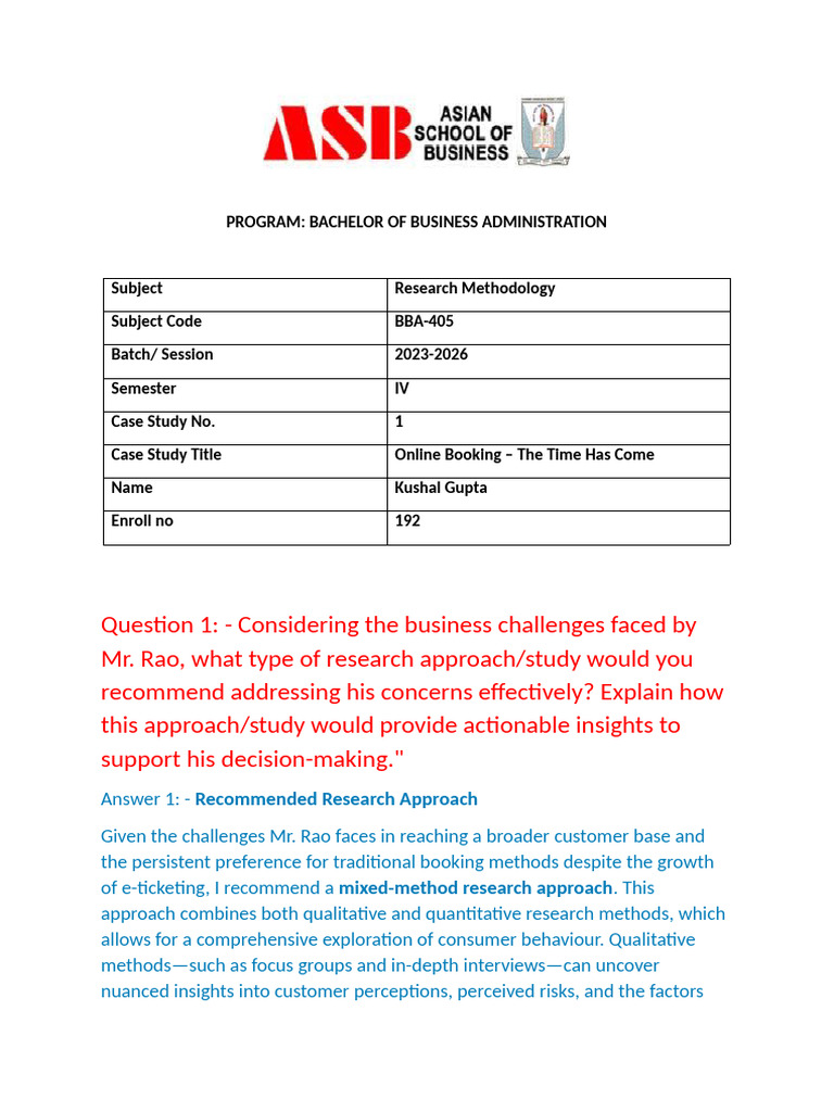 Research Methodology Case Study 1 by Kushal Gupta BBA 4A 192 | PDF | Risk | Consumer Behaviour