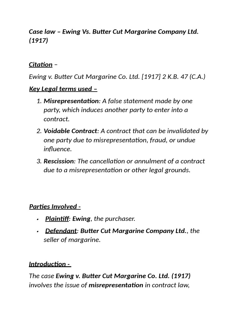 Ewing v. Butter Cut Margarine Case Analysis | PDF | Misrepresentation ...