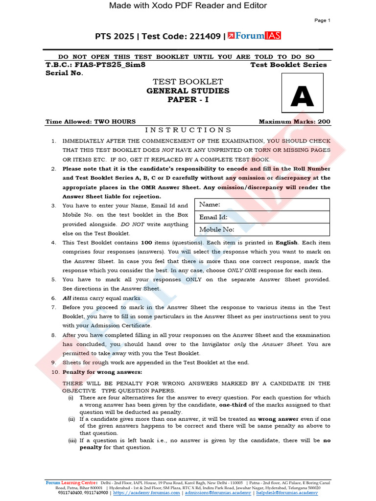 PTS 2025 General Studies Test Booklet | PDF