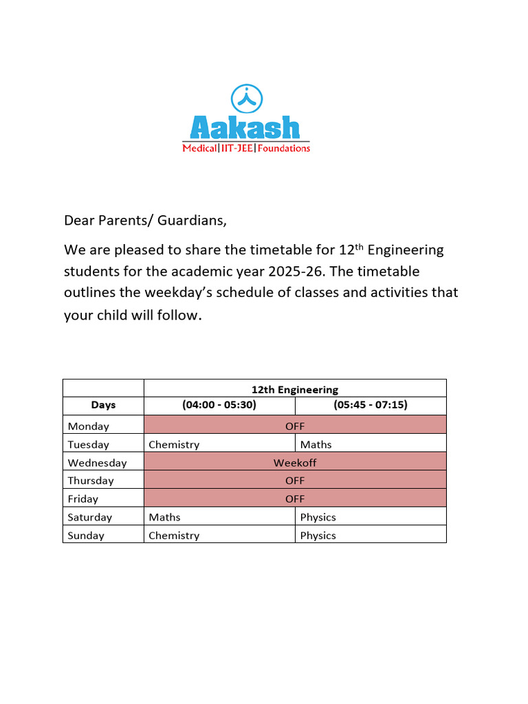 12TH Engineering Schedule | PDF