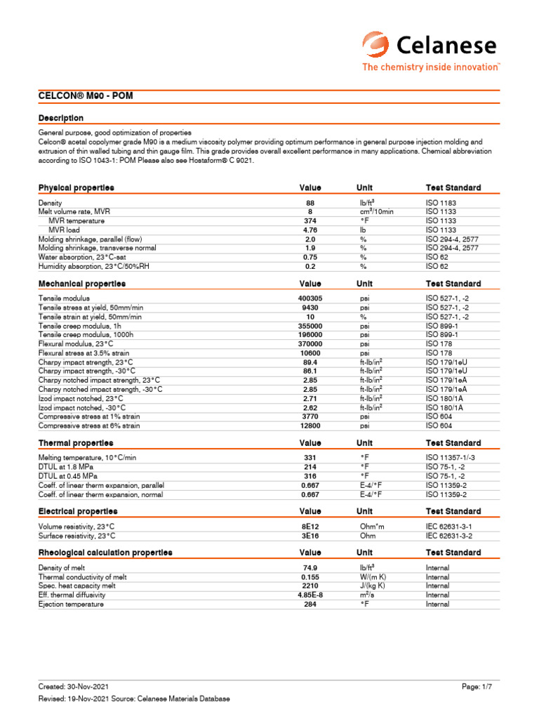 POM M90 CELANESE - TDS | PDF | Extrusion | Deformation (Engineering)