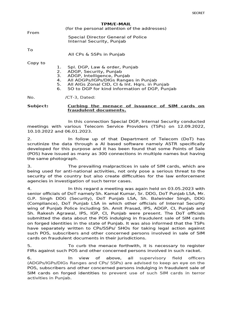 Alert Reg. Curbing The Menace of Issuance of SIM Cards | PDF | Criminal ...