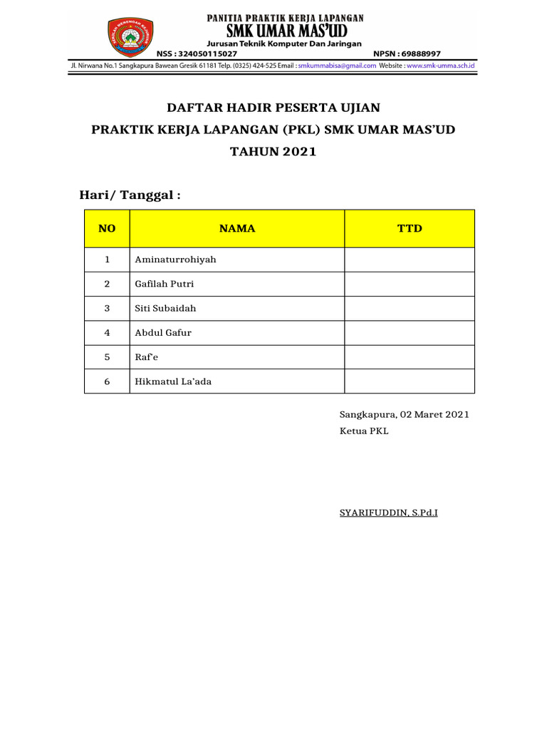 Daftar Hadir Peserta Ujian | PDF