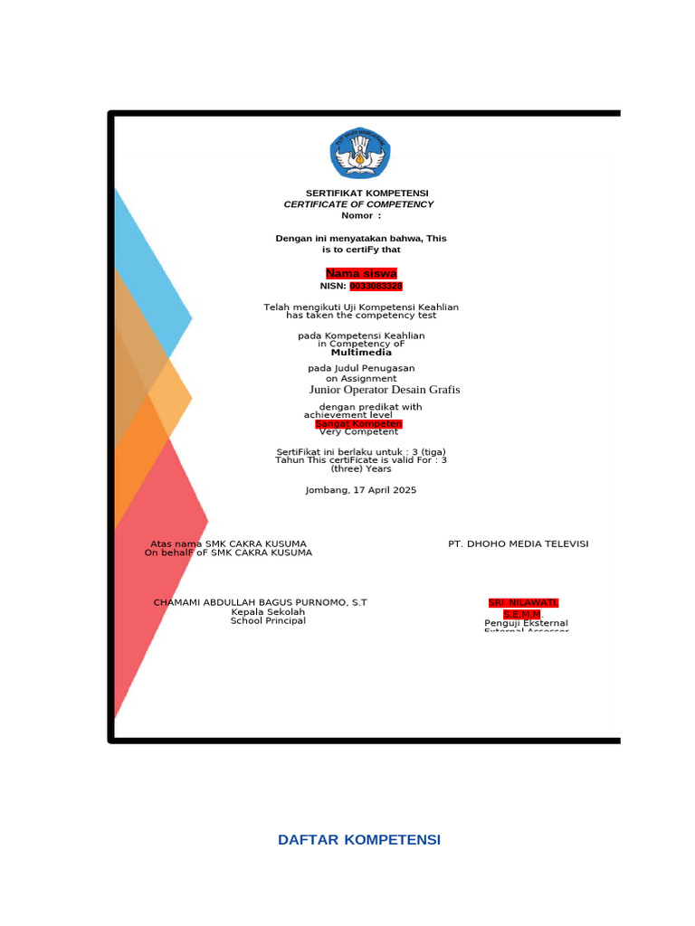 Sertifikat Kompetensi Multimedia 2025 | PDF