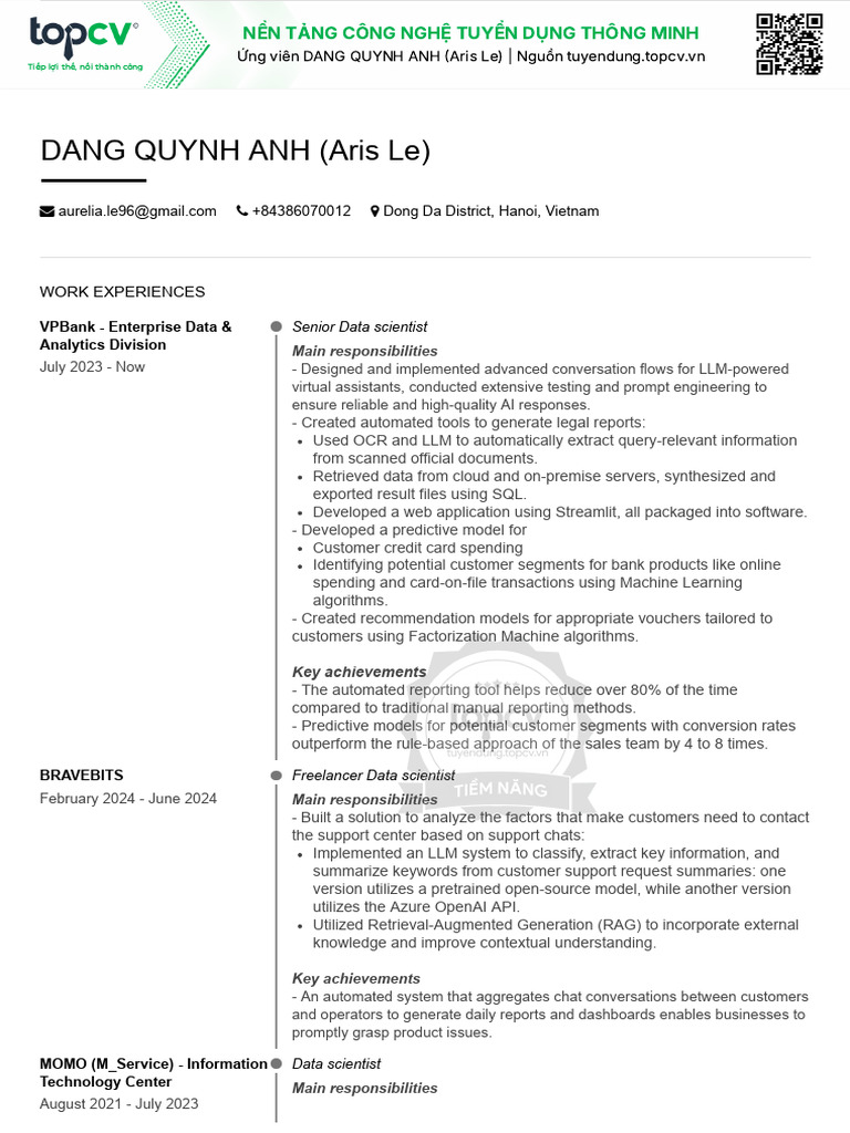 DANG QUYNH ANH Aris Le TopCV - VN 070225.205156 | PDF | Data Science | Computer Science