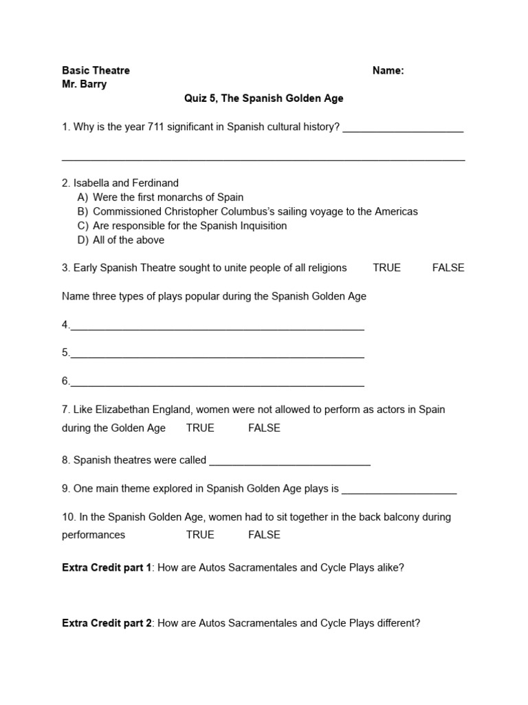 Quiz 5, The Spanish Golden Age | PDF