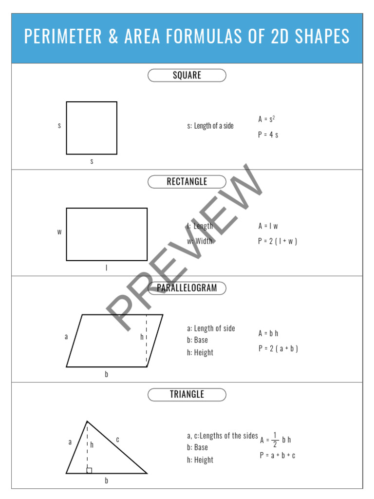 Preview: Perimeter & Area Formulas of 2D Shapes | PDF | Area | Elementary Geometry