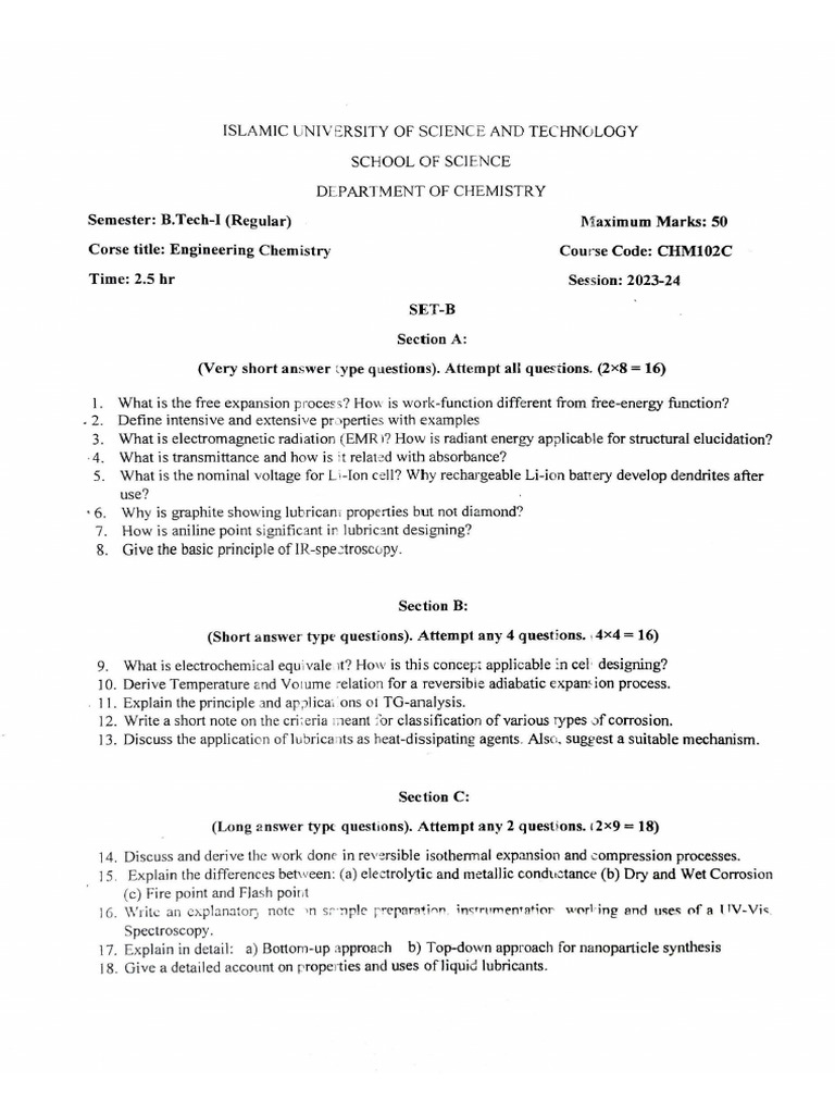 Engineering Chemistry Endterm 2024 | PDF