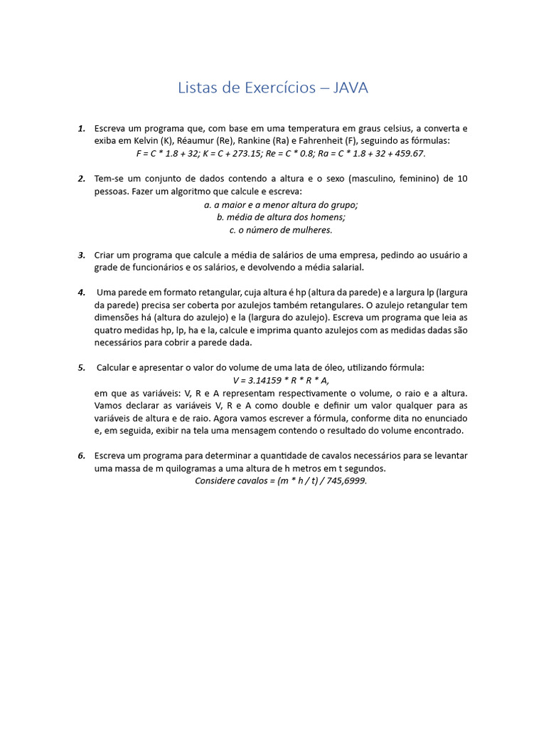 Listas de Exercícios - JAVA | PDF