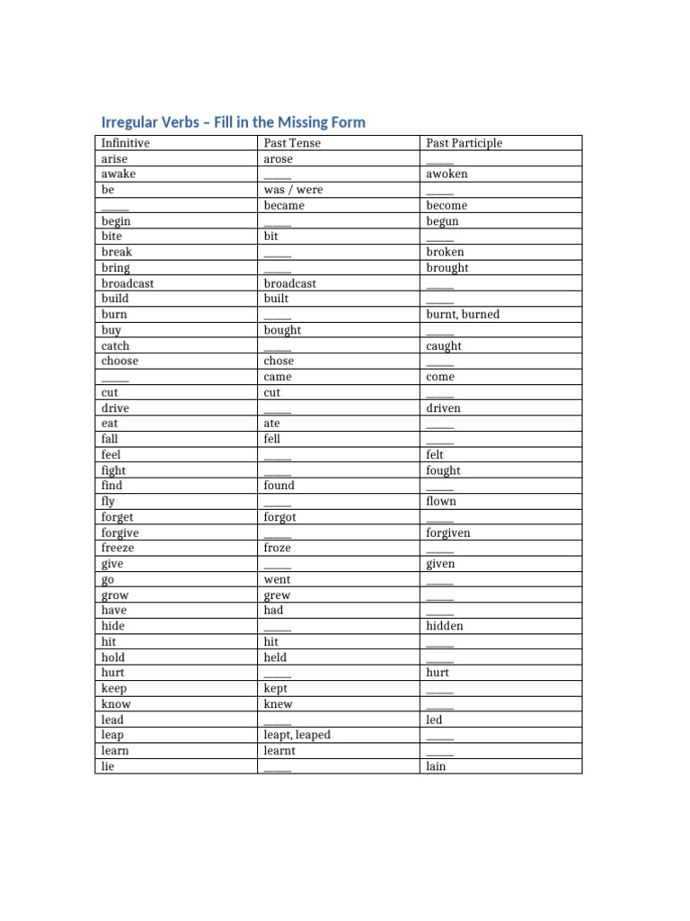 Irregular Verbs Missing Form | PDF