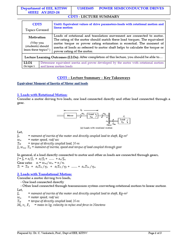 PSD CDT5 Summary 6EEE2 CVS 2023-24 | PDF | Torque | Inertia