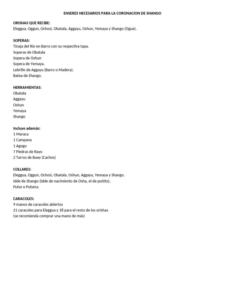 Enseres Necesarios para La Coronacion de Shango | PDF | Alimentos | Cocina