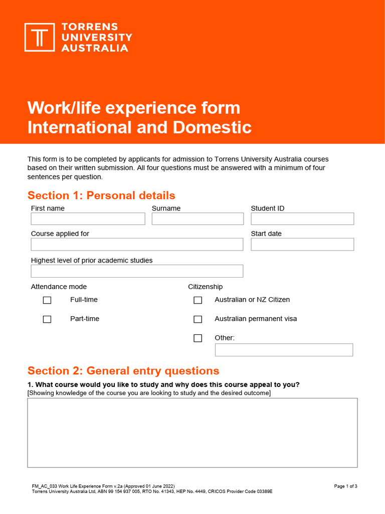 Torrens University Work Experience Form | PDF