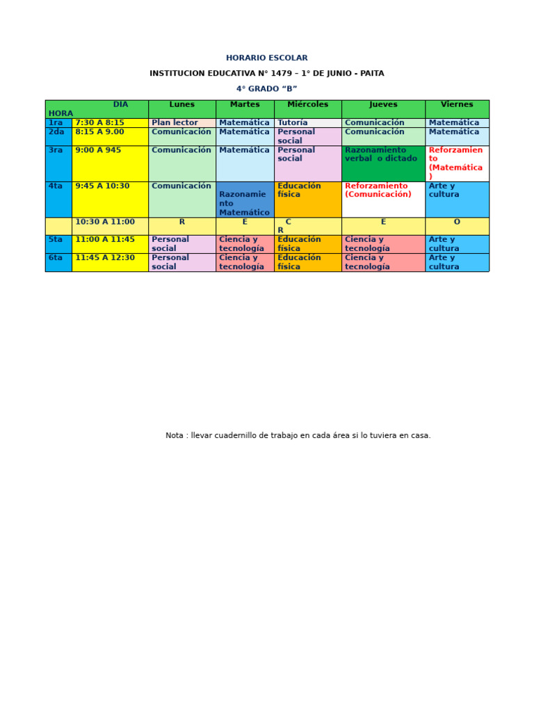 Horario Escolar - 1479 Paita | PDF