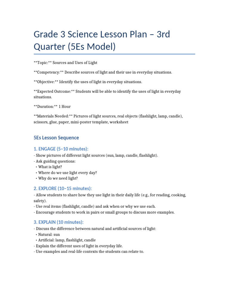 Grade 3 5es Lesson Plan Light With Expectations | PDF