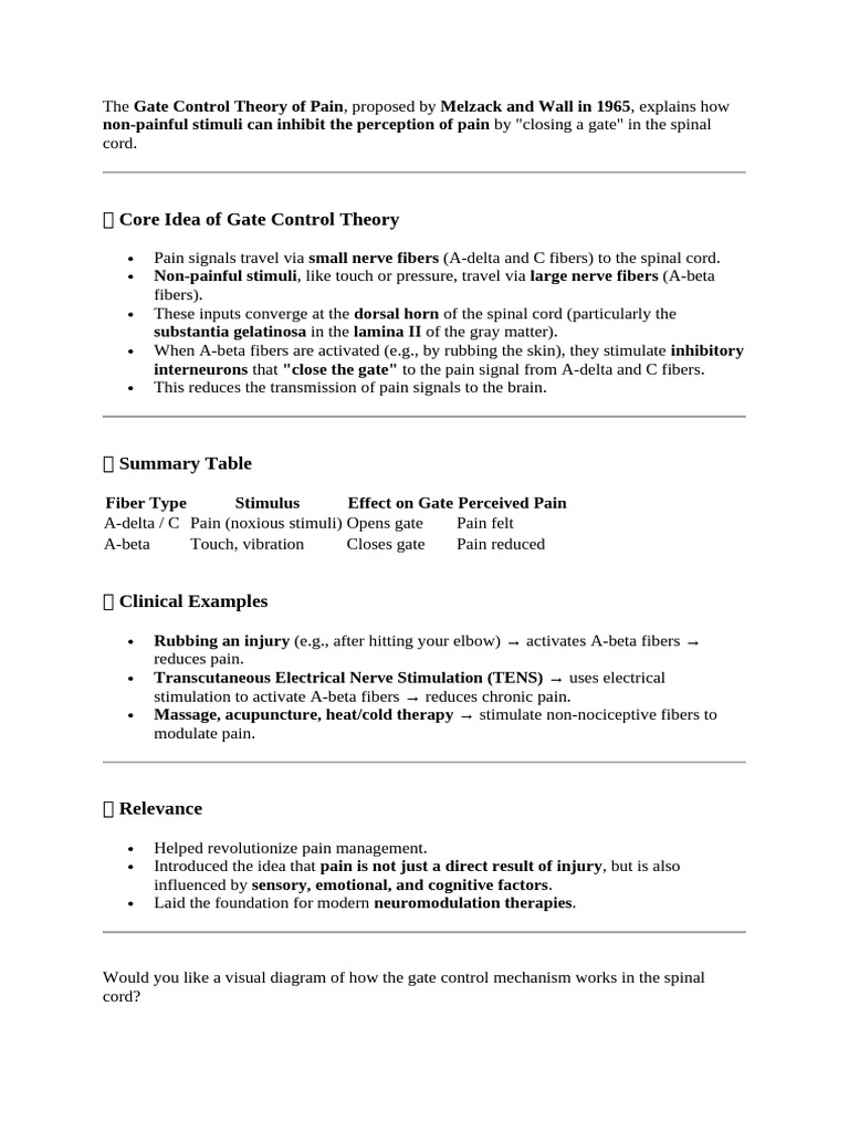 Gate Control Theory of Pain Explained | PDF