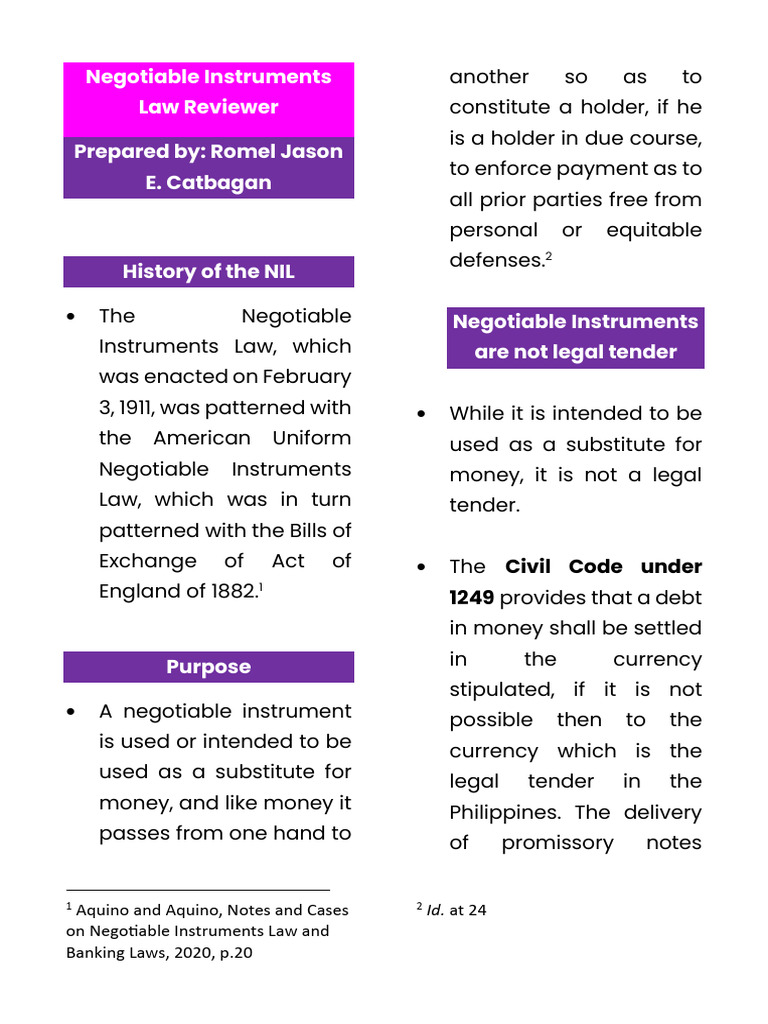 Negotiable Instruments Law Reviewer | PDF | Negotiable Instrument | Money