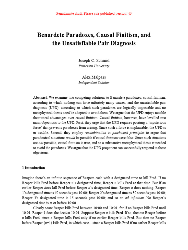 Benardete Paradoxes, Causal Finitism, and the Unsatisfiable Pair ...