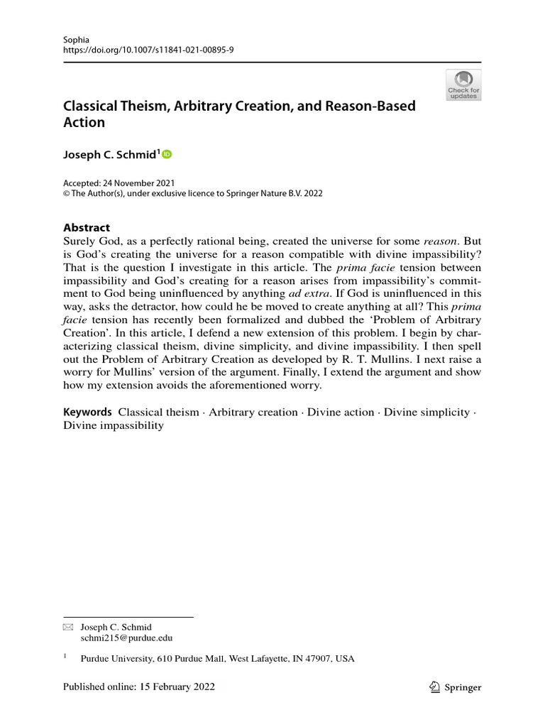 Classical Theism, Arbitrary Creation, and Reason-Based Action - Joseph C. Schmid | PDF ...