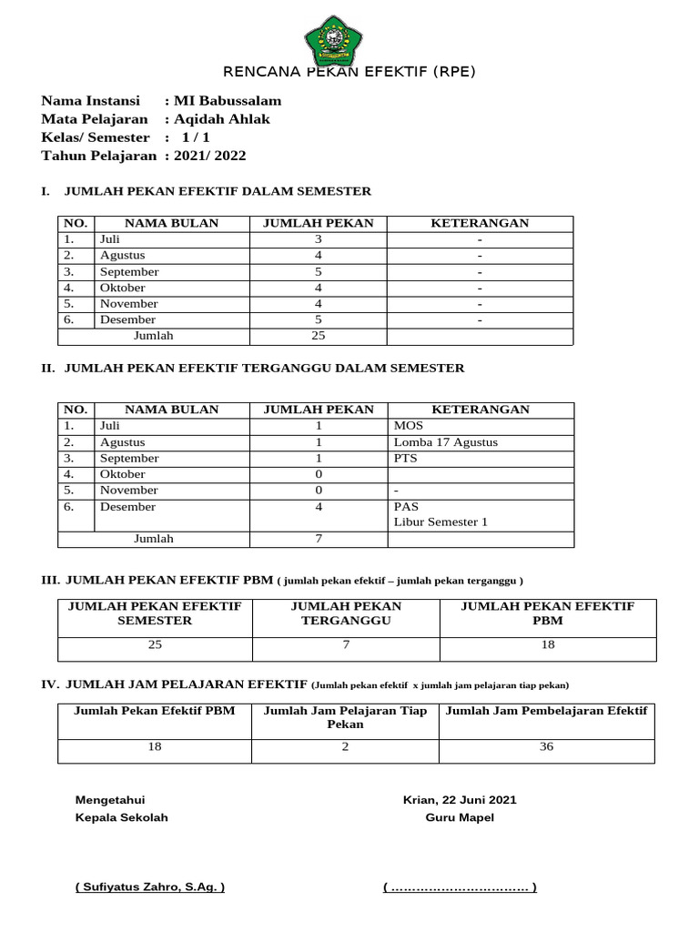 Rencana Pekan Efektif Babussalam | PDF