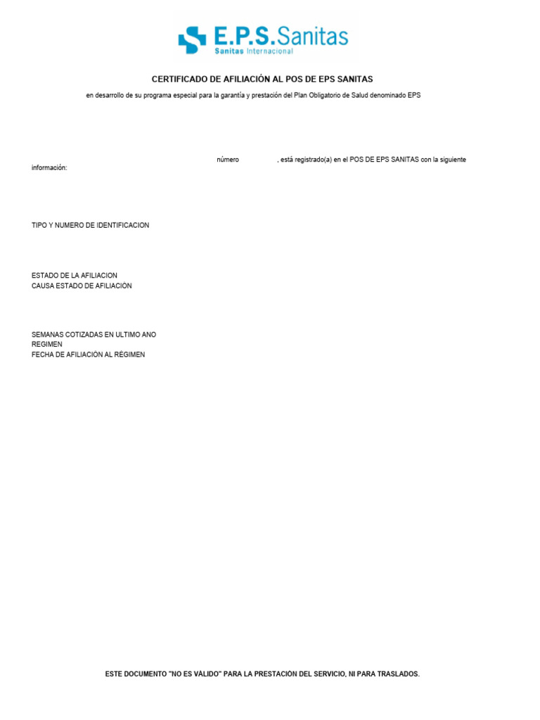 Certificado de Afiliación Al Pos de Eps Sanitas | PDF