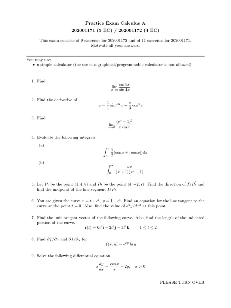 CalculusA PracticeExam | PDF | Tangent | Trigonometric Functions