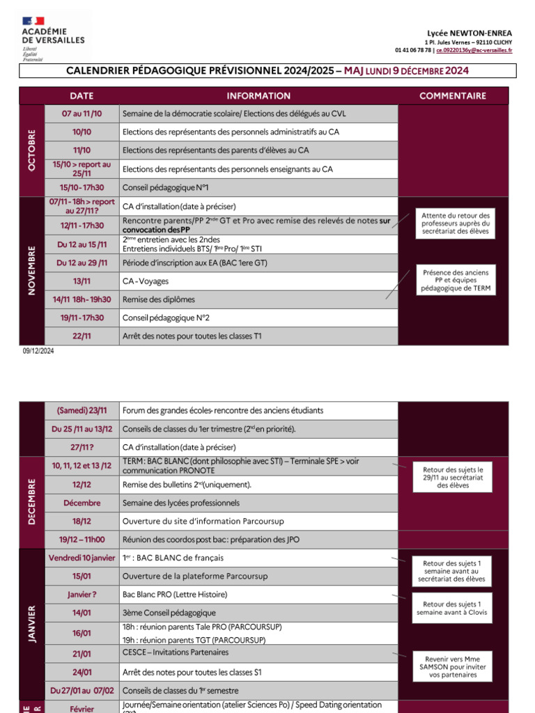 Calendrier Pédagogique Prévisionnel 2024 2025 | PDF