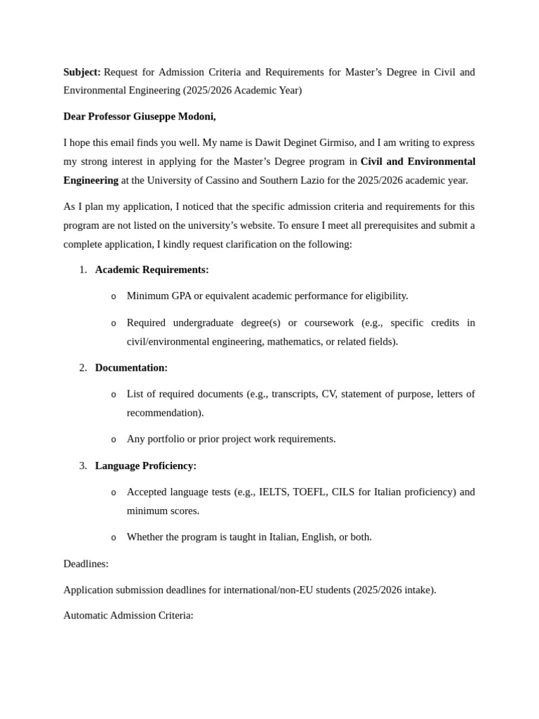 Admission Criteria Request | PDF