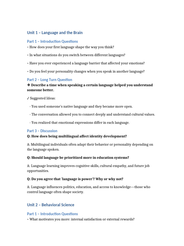IELTS Speaking Units 1 To 4 Prepared Answers | PDF | Multilingualism | Motivational