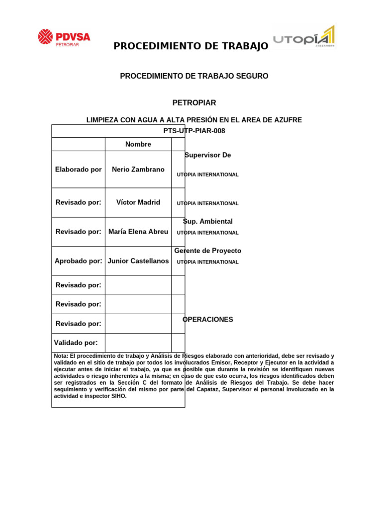 Pts-Utp-Piar-008 Limpieza Con Agua A Alta Presion en El Area de Azufre | PDF | Residuos | Petróleo